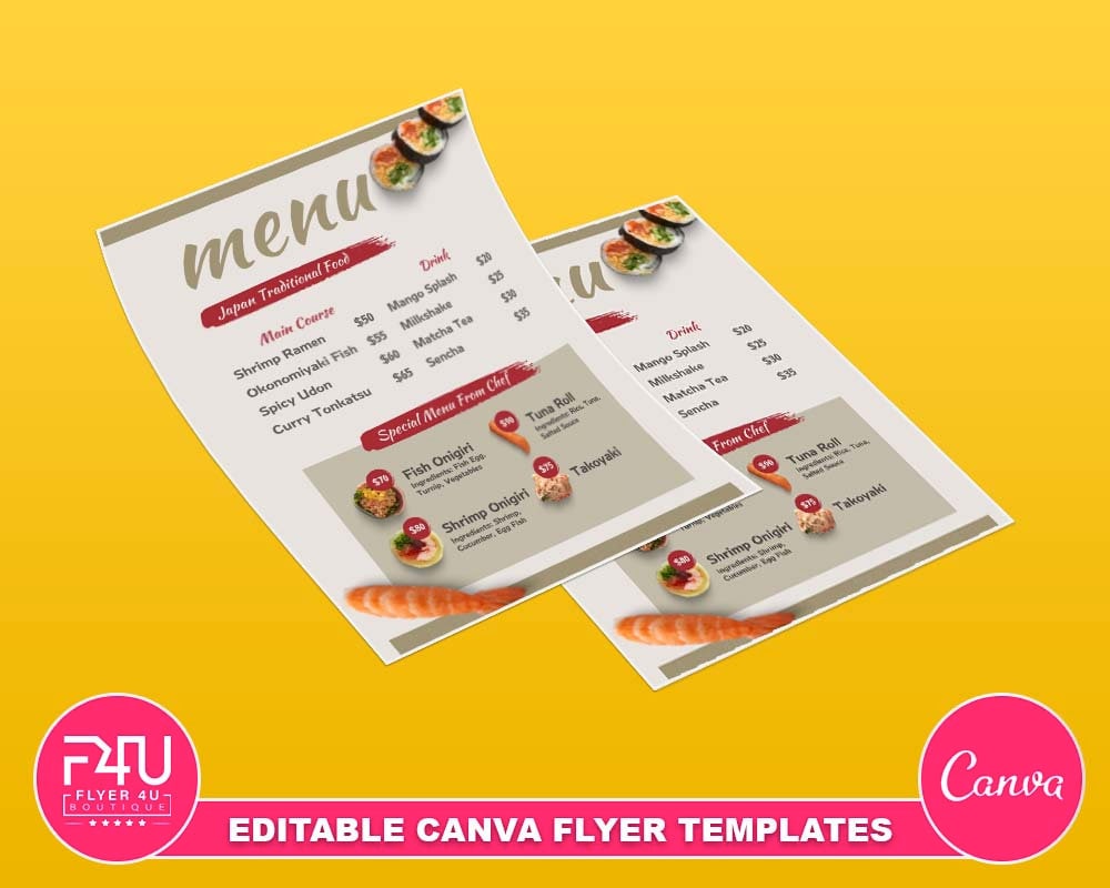Menu Flyer, DIY Canva Menu Templates, Editable Canva US Letter Size ...