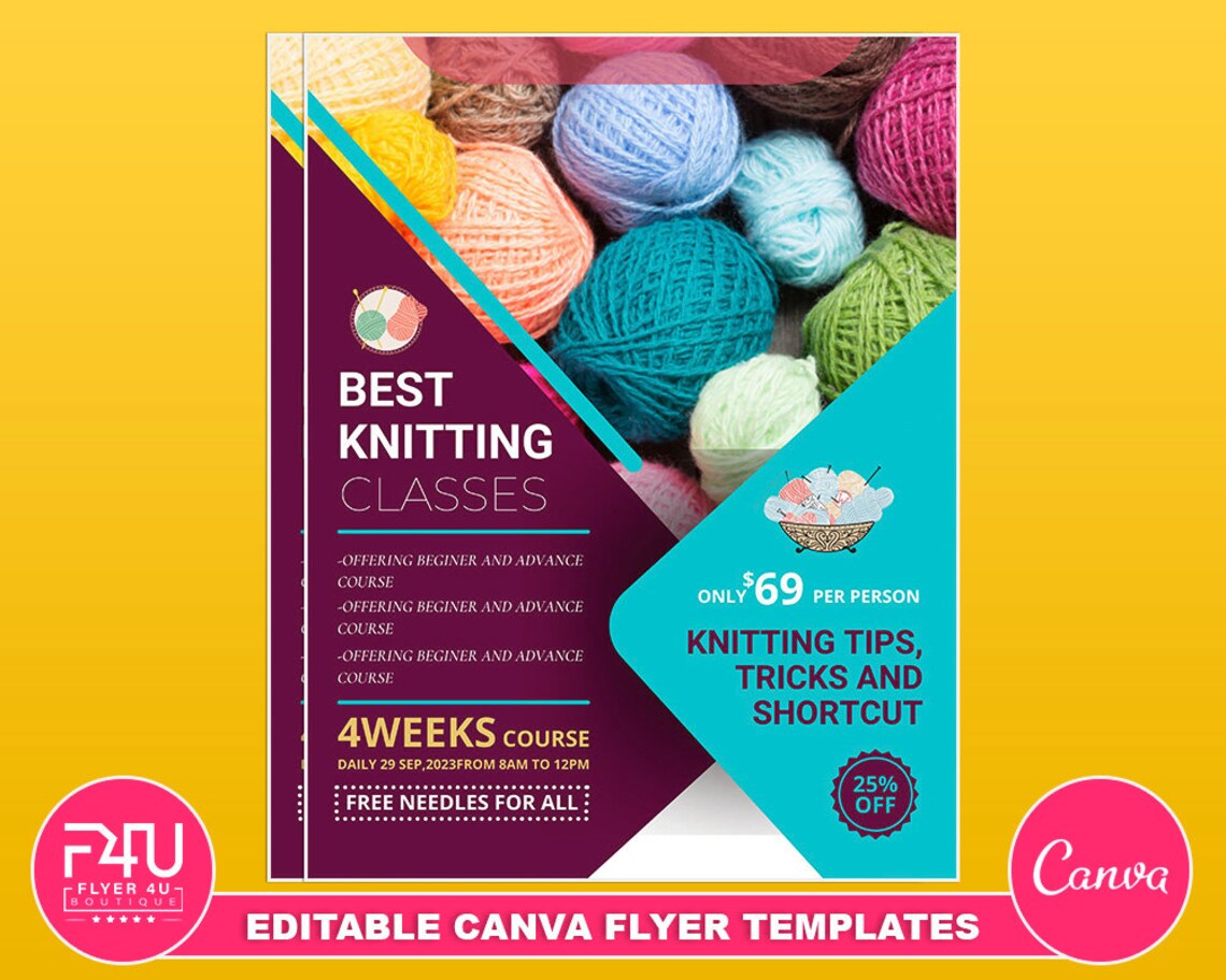 Knitting Crocheting Lessons Flyer DIY Canva Knitting - Etsy