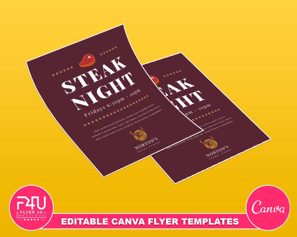 Steak Night Flyer, DIY Canva Steak Night Flyer, Editable Canva US ...