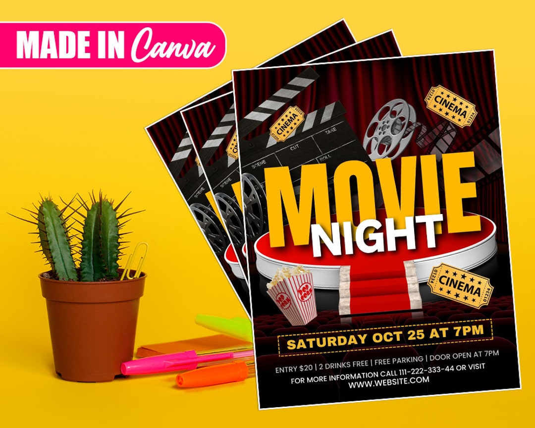 Movie Night Flyer, DIY Canva Movie Night Flyer Template, Editable Canva ...
