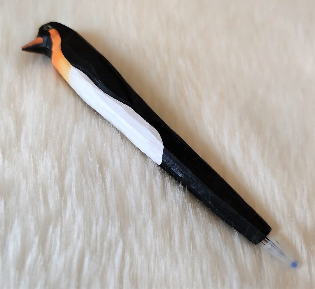 Hand Carved Wood Penguin Pen Hand Painted Wood Penguin Pen With Beaded ...