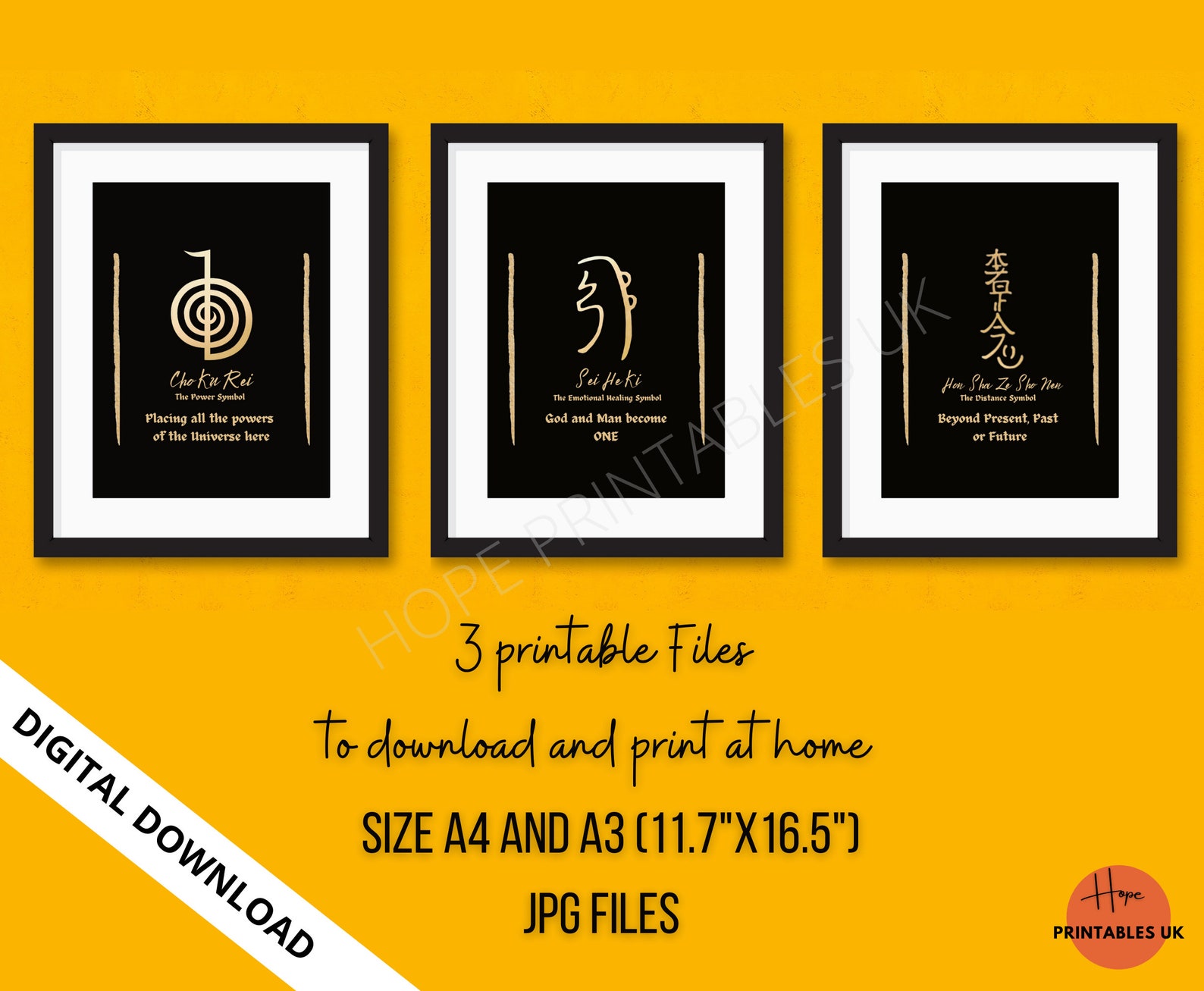 Reiki Symbols Wall Art, Energy Healing, Golden Cho Ku Rei, Se Hei Ki ...