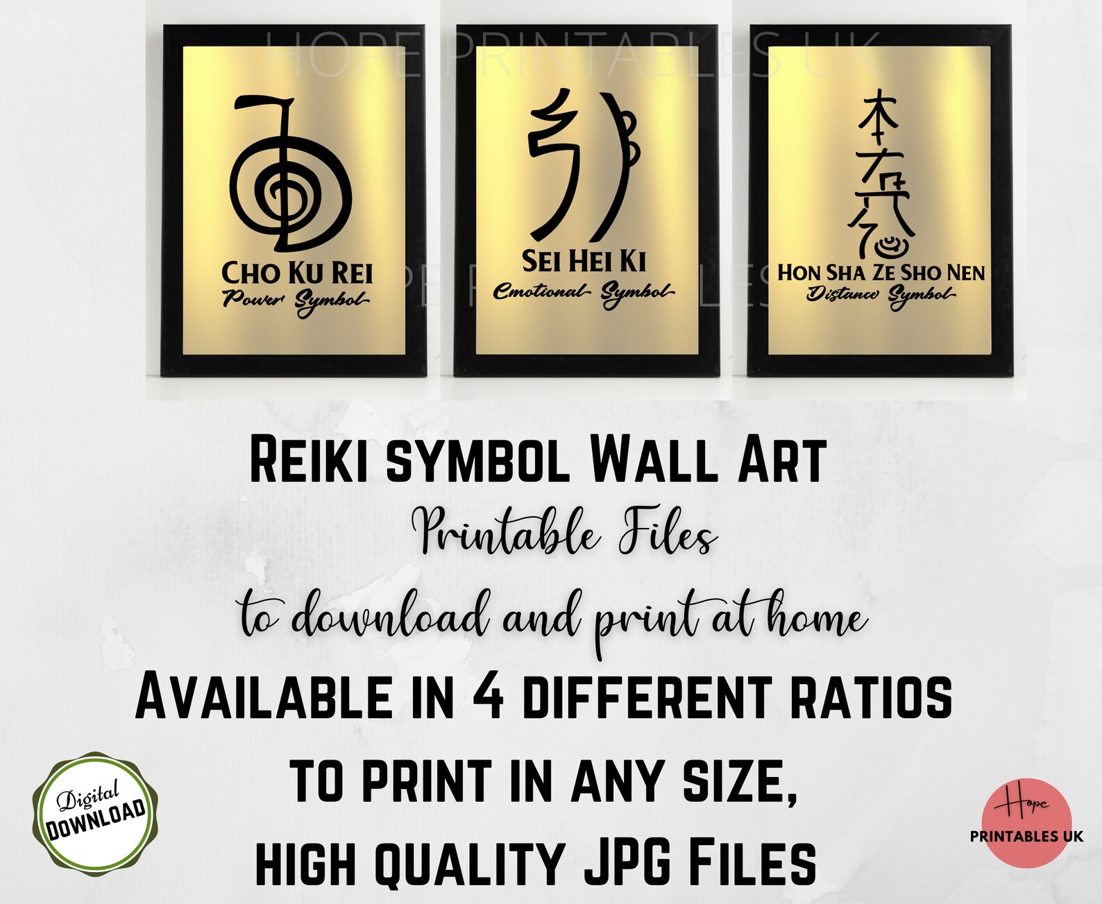 Reiki Symbols Printable Wall Art, Energy Healing Trio in Golden, Cho Ku ...
