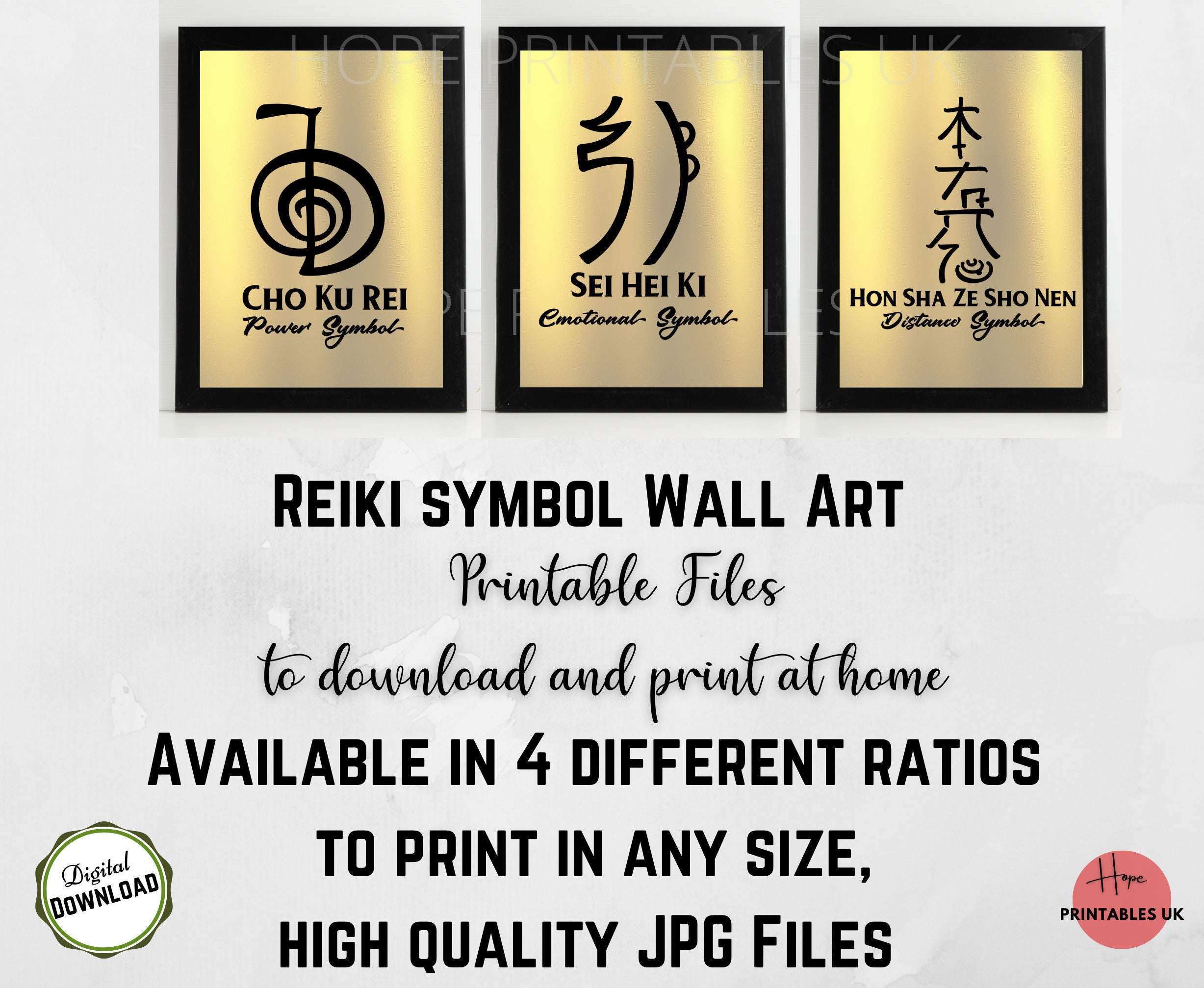 Reiki Symbols Printable Wall Art, Energy Healing Trio in Golden, Cho Ku ...