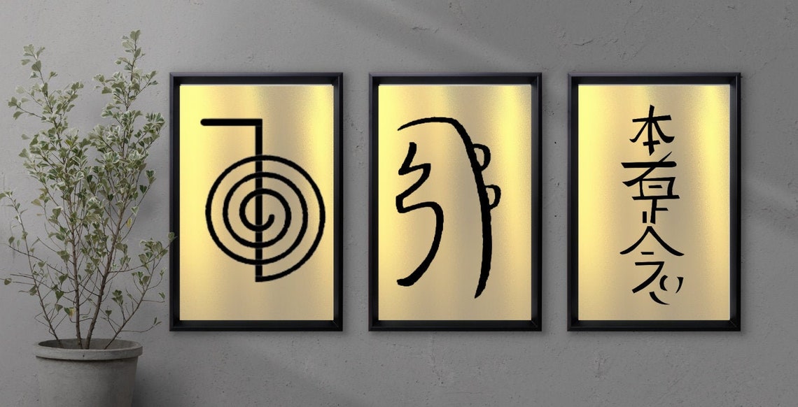 Reiki Symbols Printable Wall Art, Energy Healing Trio in Golden, Cho Ku ...
