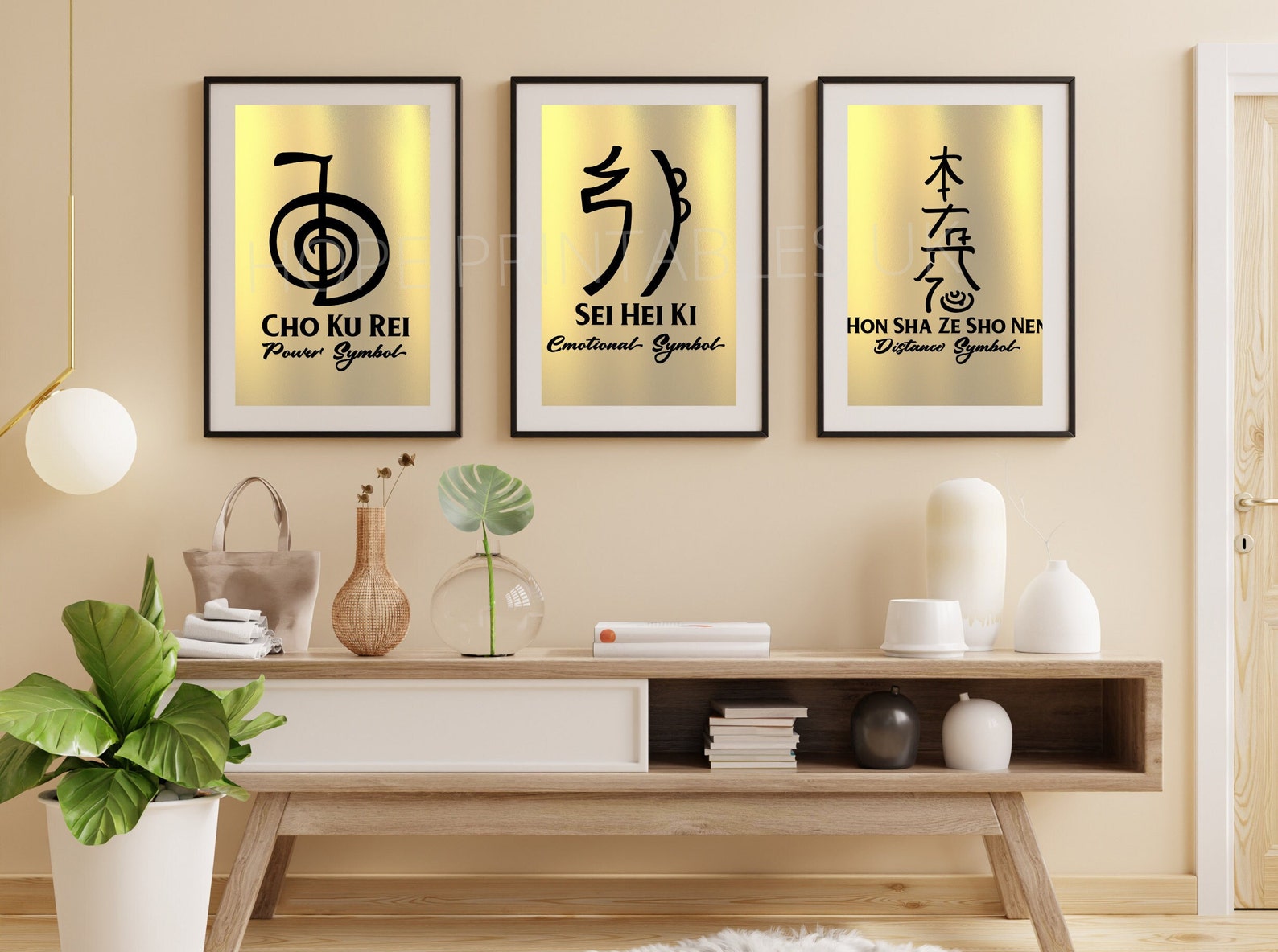 Reiki Symbols Printable Wall Art, Energy Healing Trio in Golden, Cho Ku ...