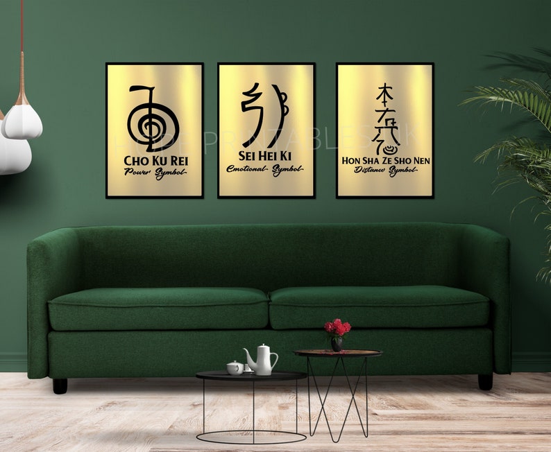Reiki Symbols Printable Wall Art, Energy Healing Trio in Golden, Cho Ku ...