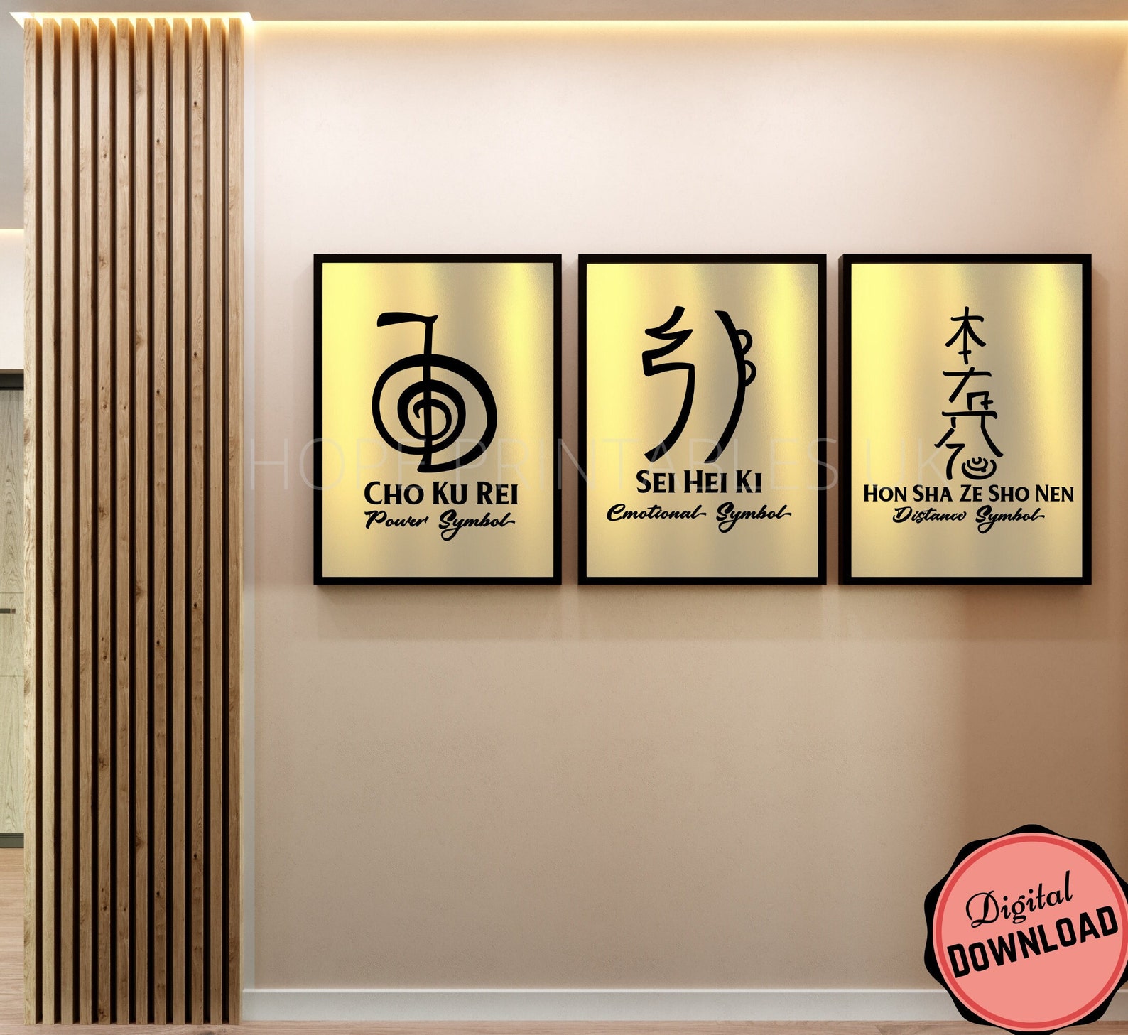 Reiki Symbols Printable Wall Art, Energy Healing Trio in Golden, Cho Ku ...