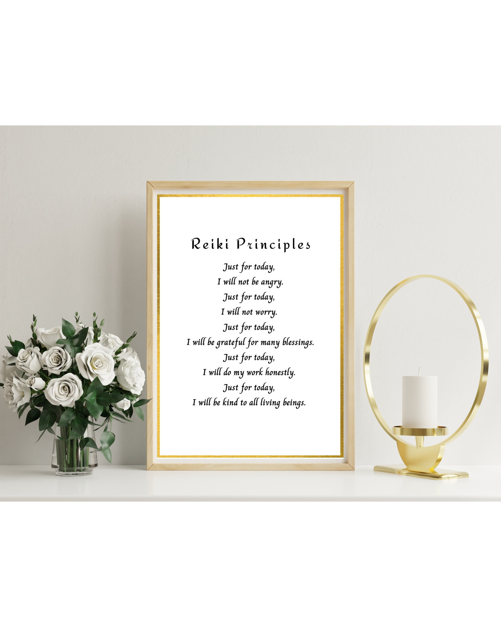 Reiki Principles Wall Art Reiki Precepts in White and Golden Border ...