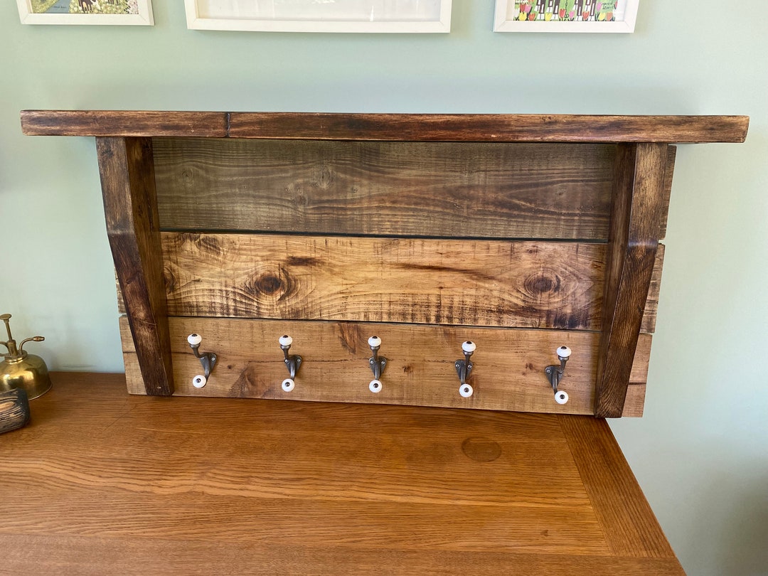 Rustic Wall Mounted Shelf and Coat Hooks - Etsy