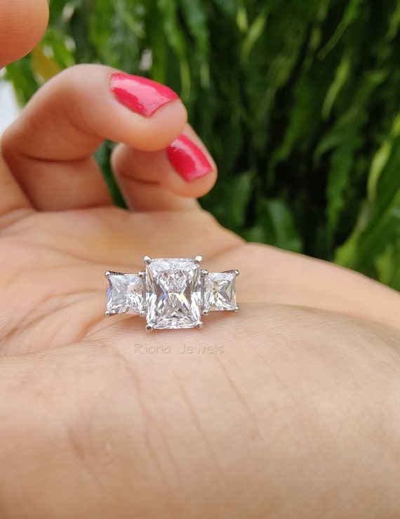 Radiant Cut Moissanite Engagement Ring Three Stone Wedding Etsy
