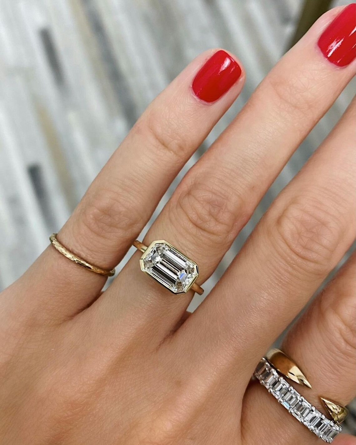 East West Emerald Moissanite Engagement Ring Emerald Cut Etsy