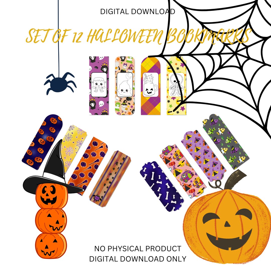 Set of 12 Halloween Bookmark Printables, Coloring Option Bookmarks ...