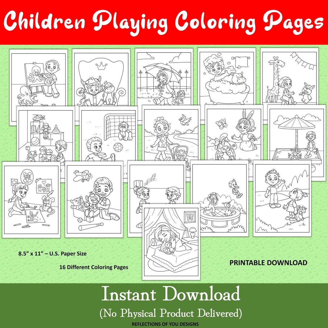 Children Playing Coloring Pages, 16 Framed Pages, 8.5"x11", Girls and ...