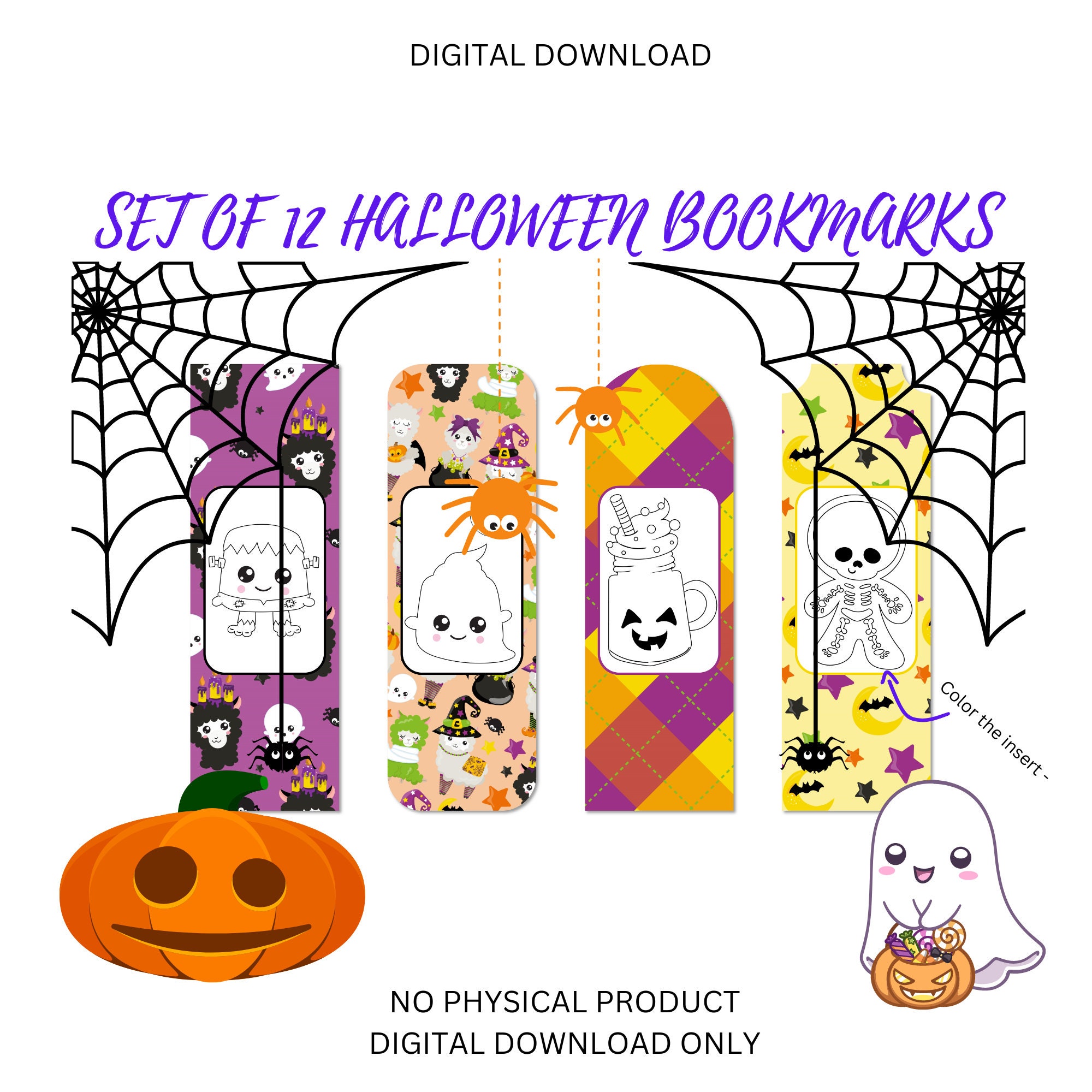 Set of 12 Halloween Bookmark Printables, Coloring Option Bookmarks ...