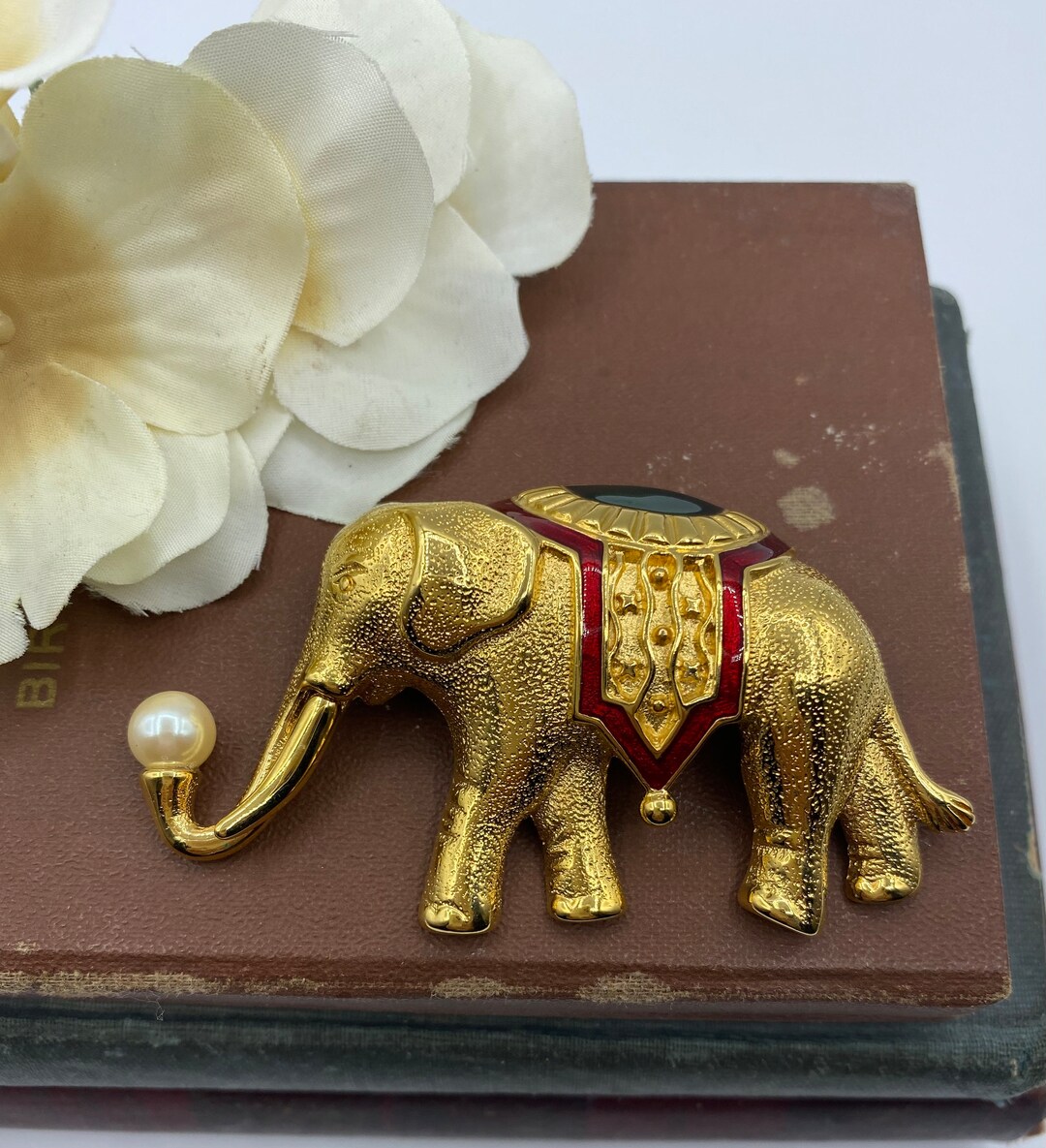 Vintage Monet Elephant Gold Tone Brooch With Red & Green Enamel and ...