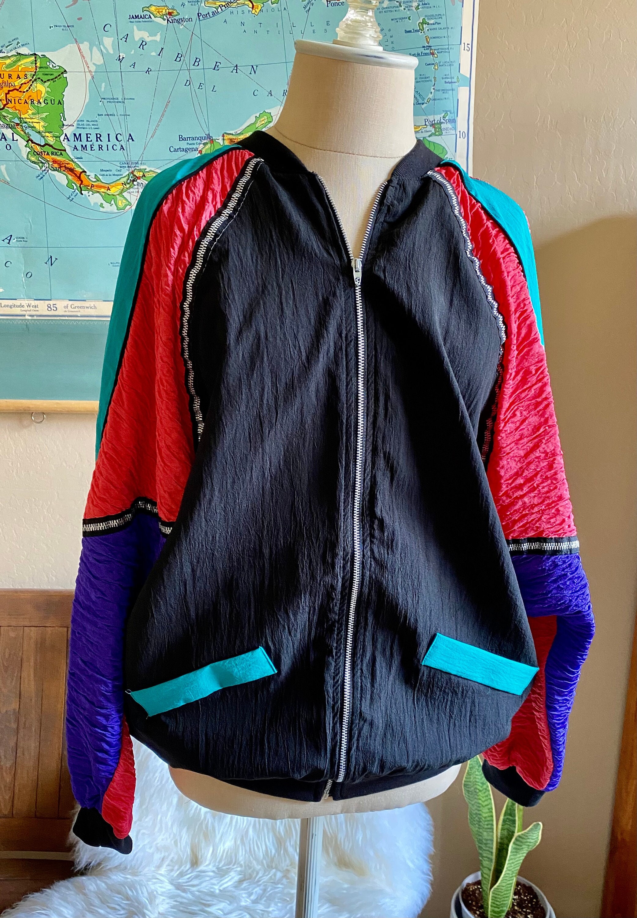 Vintage 80's 90's Color Block Pink Teal Black Lightweight Jacket by DK ...