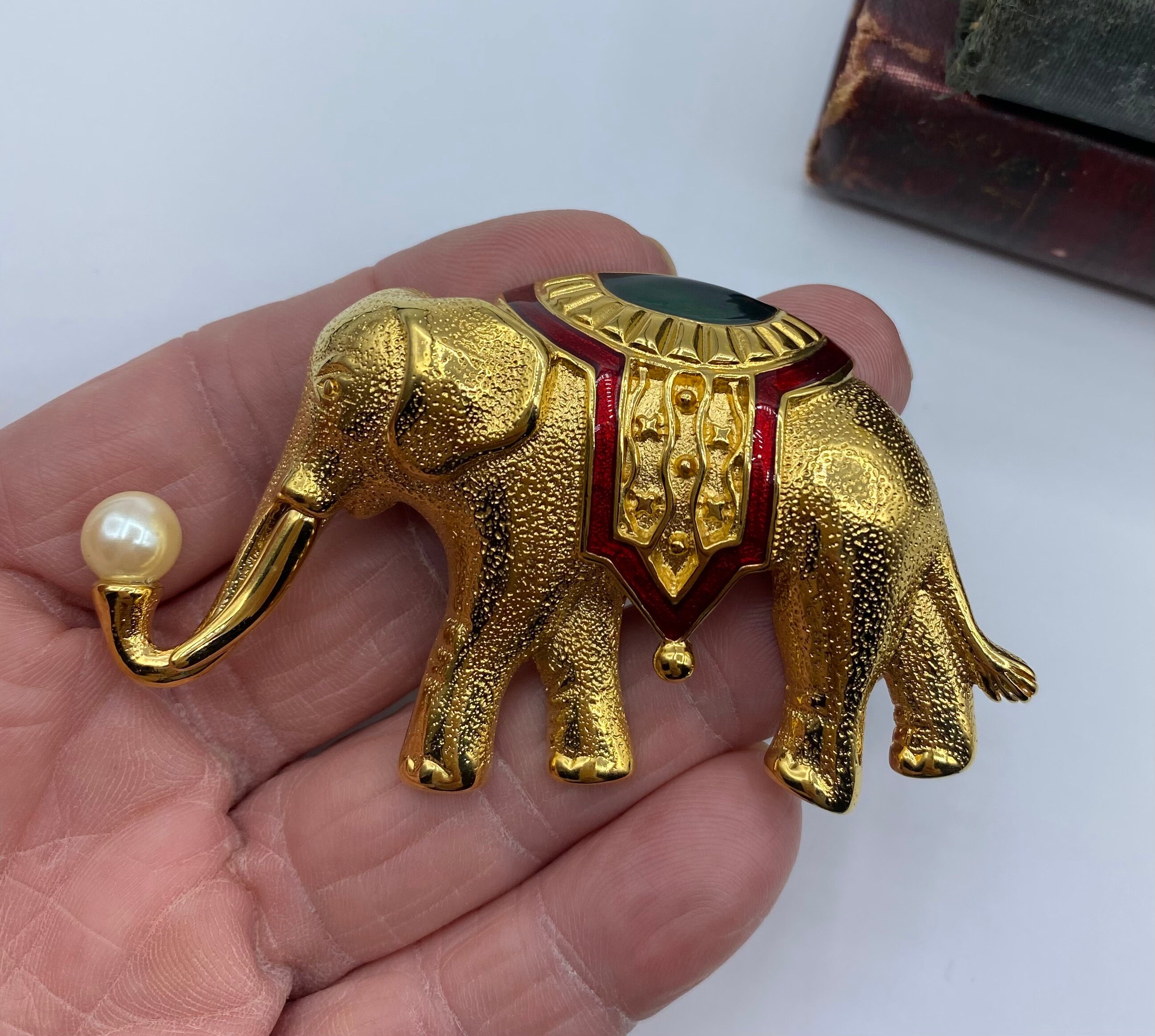 Vintage Monet Elephant Gold Tone Brooch With Red & Green Enamel and ...