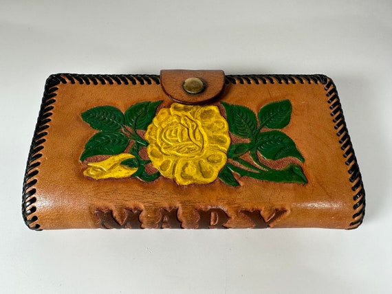 Vintage Western Tooled Leather Wallet Yellow Roses MA… - Gem