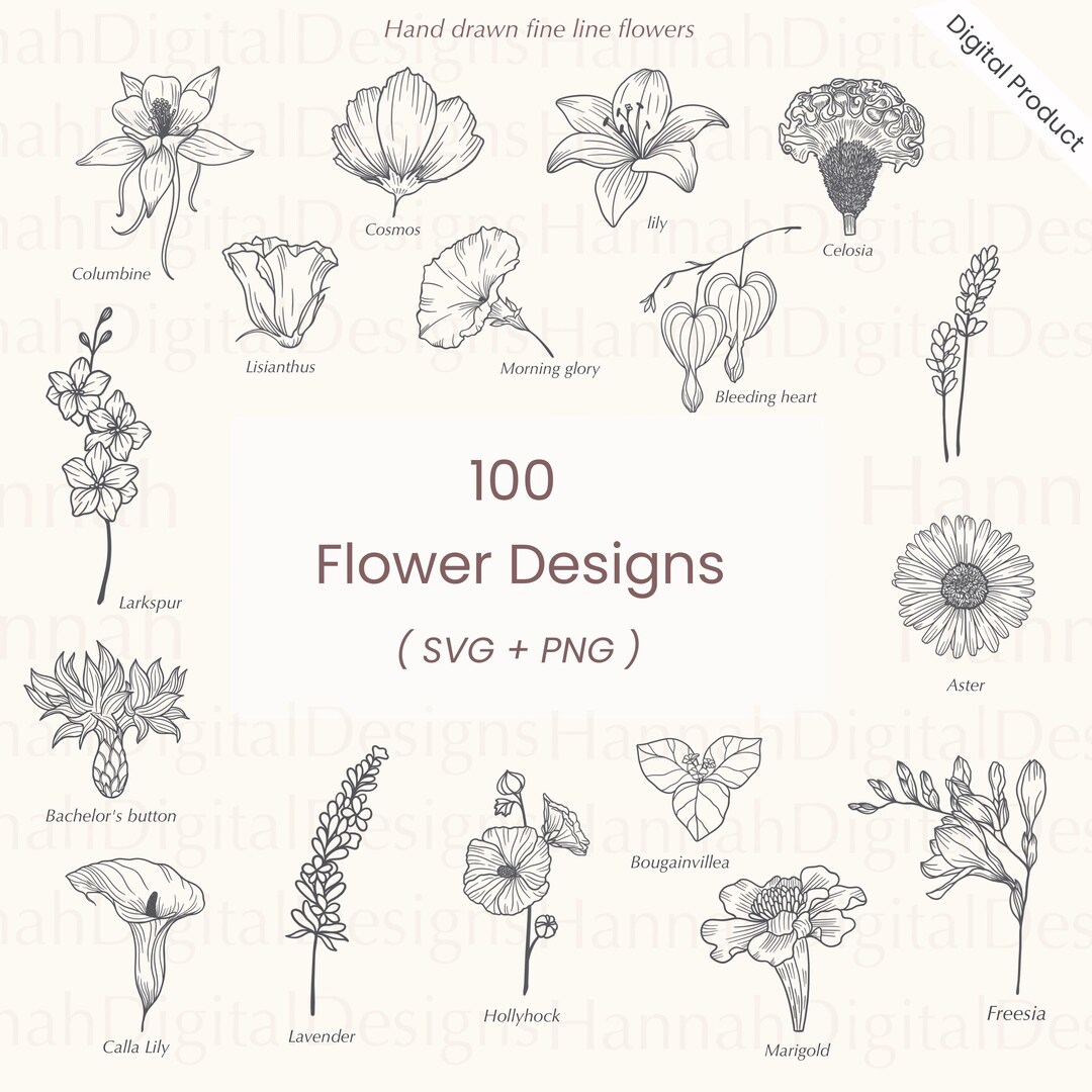 100 Hand-drawn Flower SVG Bundle: Botanical Clipart, Cricut Ready - Etsy