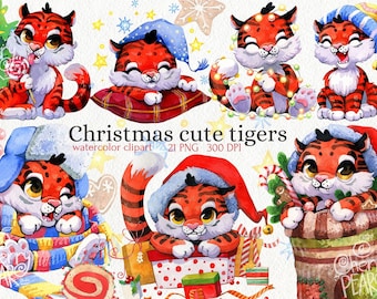 Christmas Tiger Clipart | Etsy