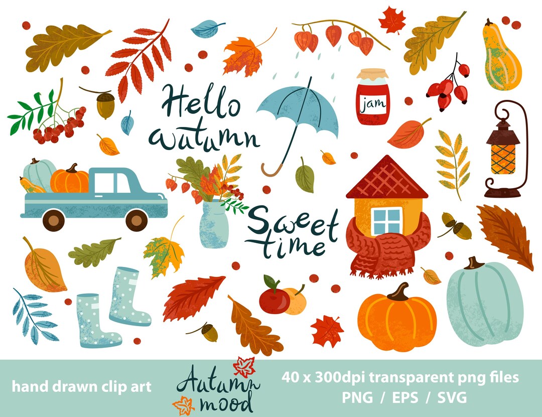 Hello Fall Clip Art Doodle Autumn Illustrations Leaves - Etsy