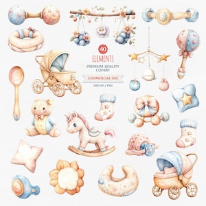 Pastel Baby Shower Clipart: Watercolor Nursery Illustrations (PNG ...