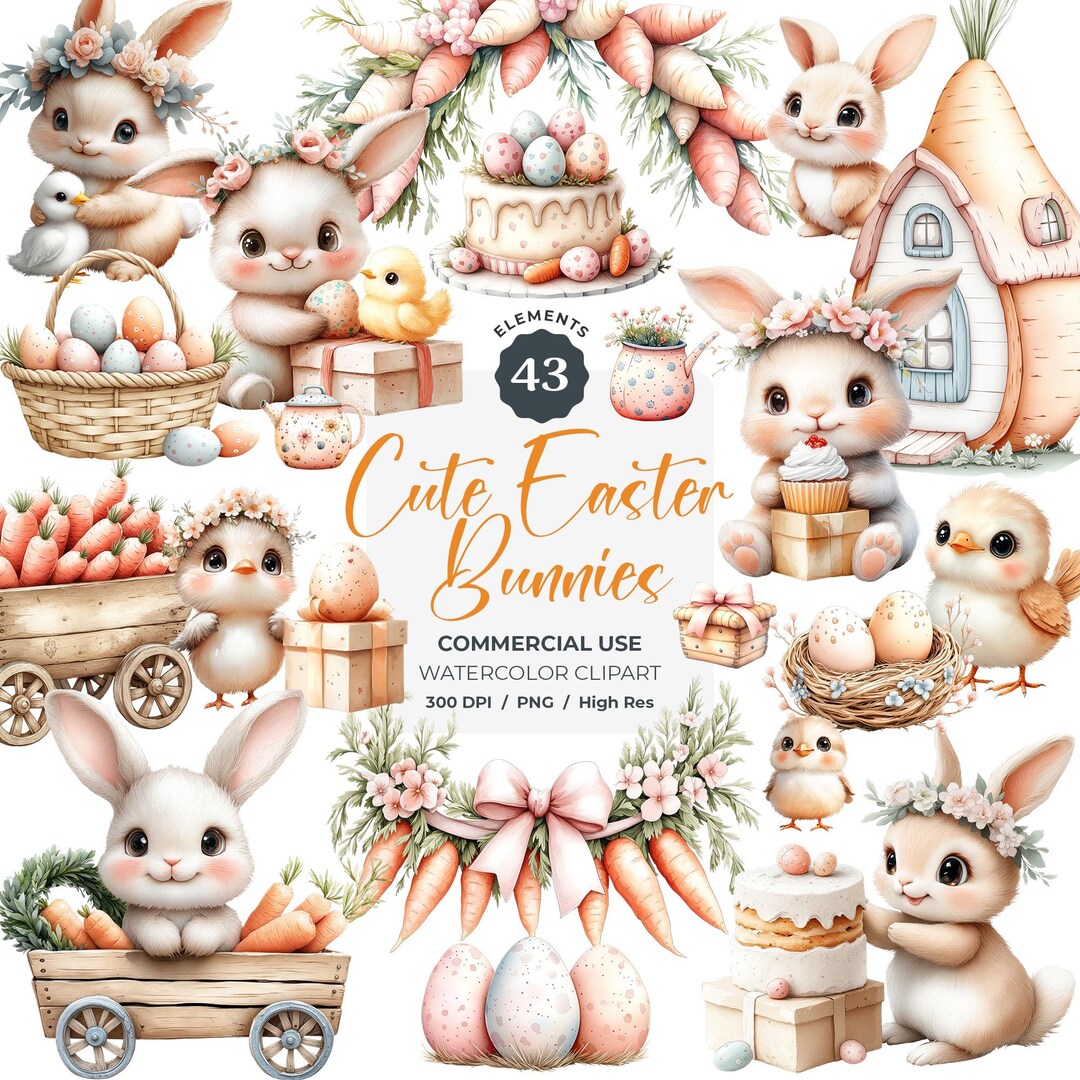 Easter Bunnies Watercolor Spring Clipart, Festive White Little Rabbits ...