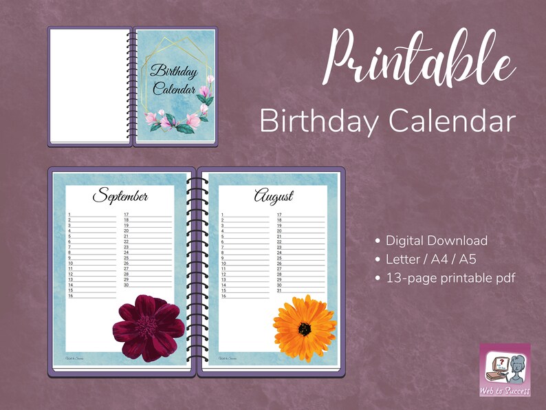 Perpetual Birthday Calendar Printable Printable Birthday Calendar - Etsy