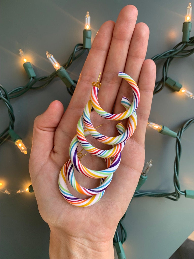 Rainbow Candy Cane Hoop Earrings/ Xmas Novelty Earrings/ Hypoallergenic ...