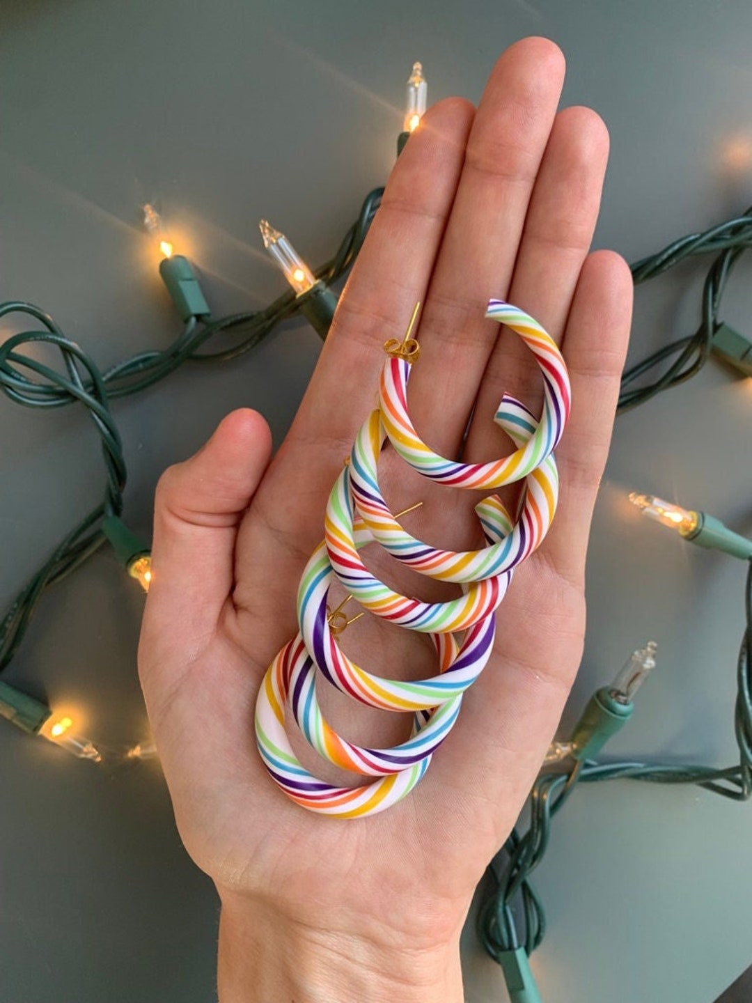 Rainbow Candy Cane Hoop Earrings/ Xmas Novelty Earrings/ Hypoallergenic ...