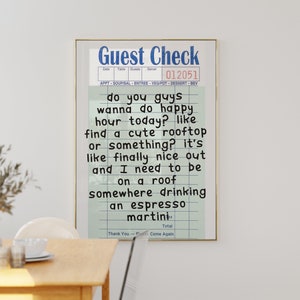 Guest Check Print, Bar Cart Decor, College Dorm Poster, Retro Print ...