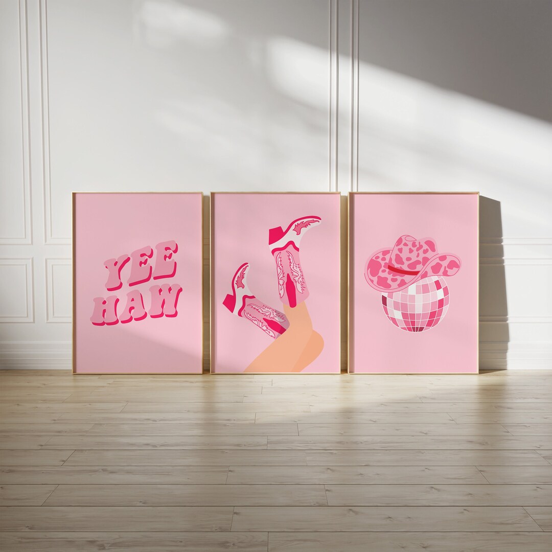 Pink Howdy Set of 3, Cowgirl Boots Print, Trendy College Decor, Last ...