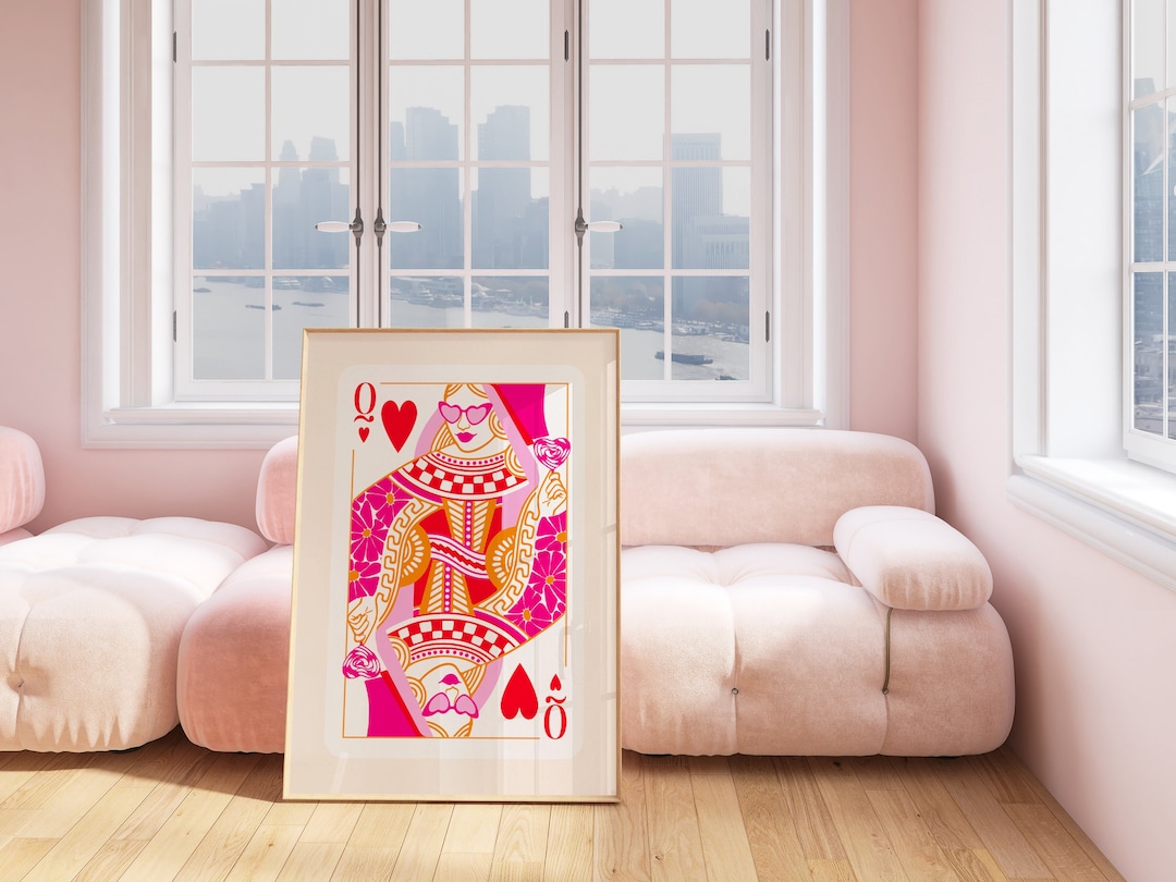 Queen of Hearts Playing Card Poster, Pink and Orange Print, Maximalist ...