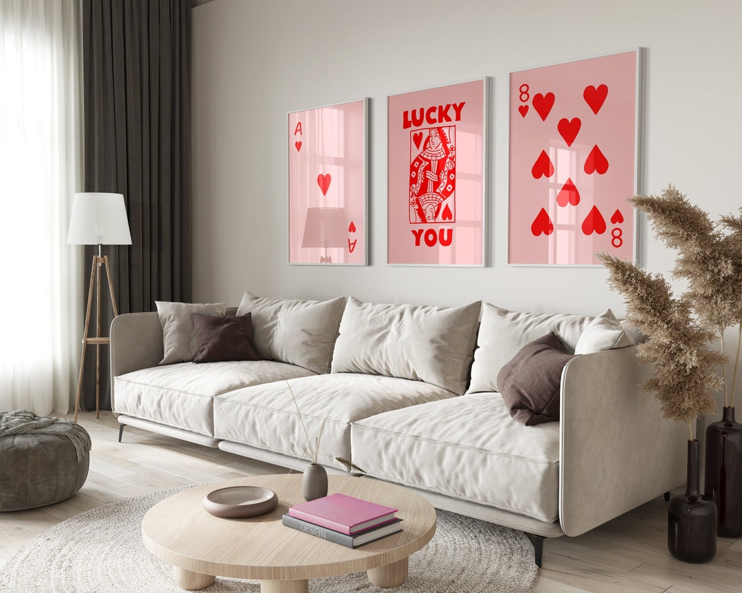 Retro Wall Art Set of 3, Lucky You Poster, Pink Card Poster, Playing ...