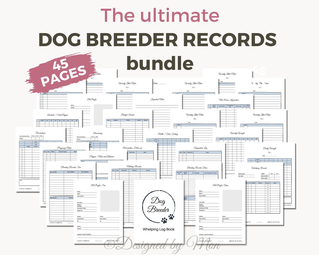 Dog Breeder Records Bundle With Whelping Records: Printable Dog Breeder ...