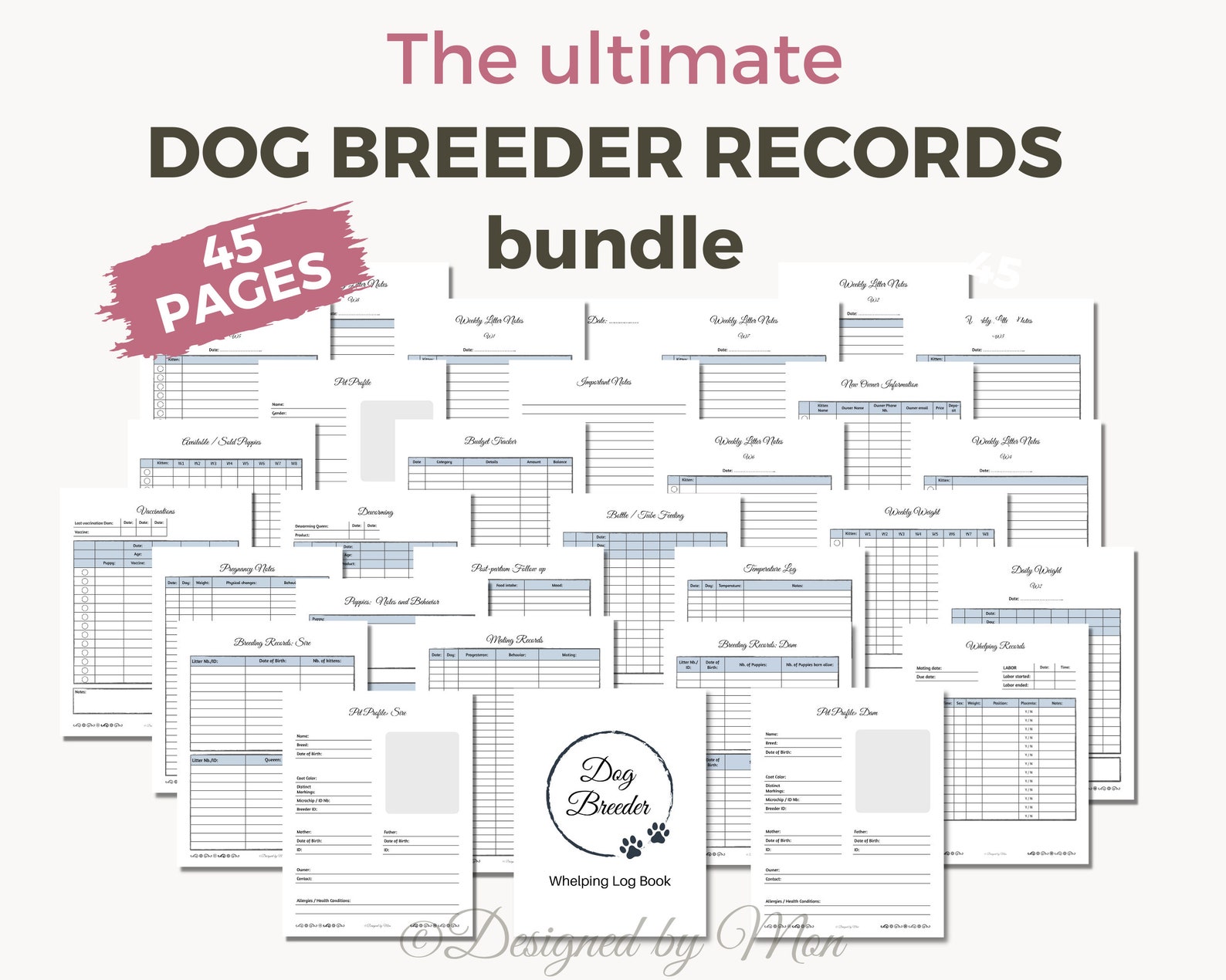 Dog Breeder Records Bundle With Whelping Records: Printable Dog Breeder ...