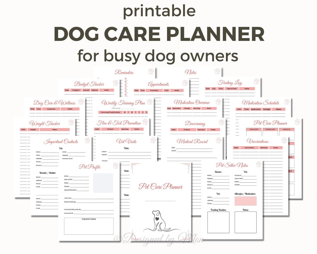 Cute Pink Pet Care Planner for Dog Owners - Dog Planner | Dog Binder ...