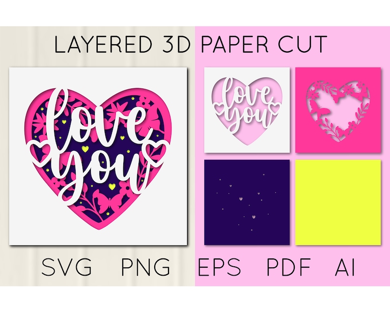 3D Love SVG, Love You Silhouette With Flowers and Heart, Shadow Box ...