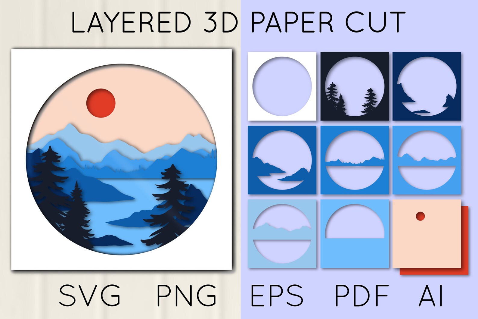 3D Landscape Layered Paper Cut SVG, Mountains, Lake and Trees, Cut File ...