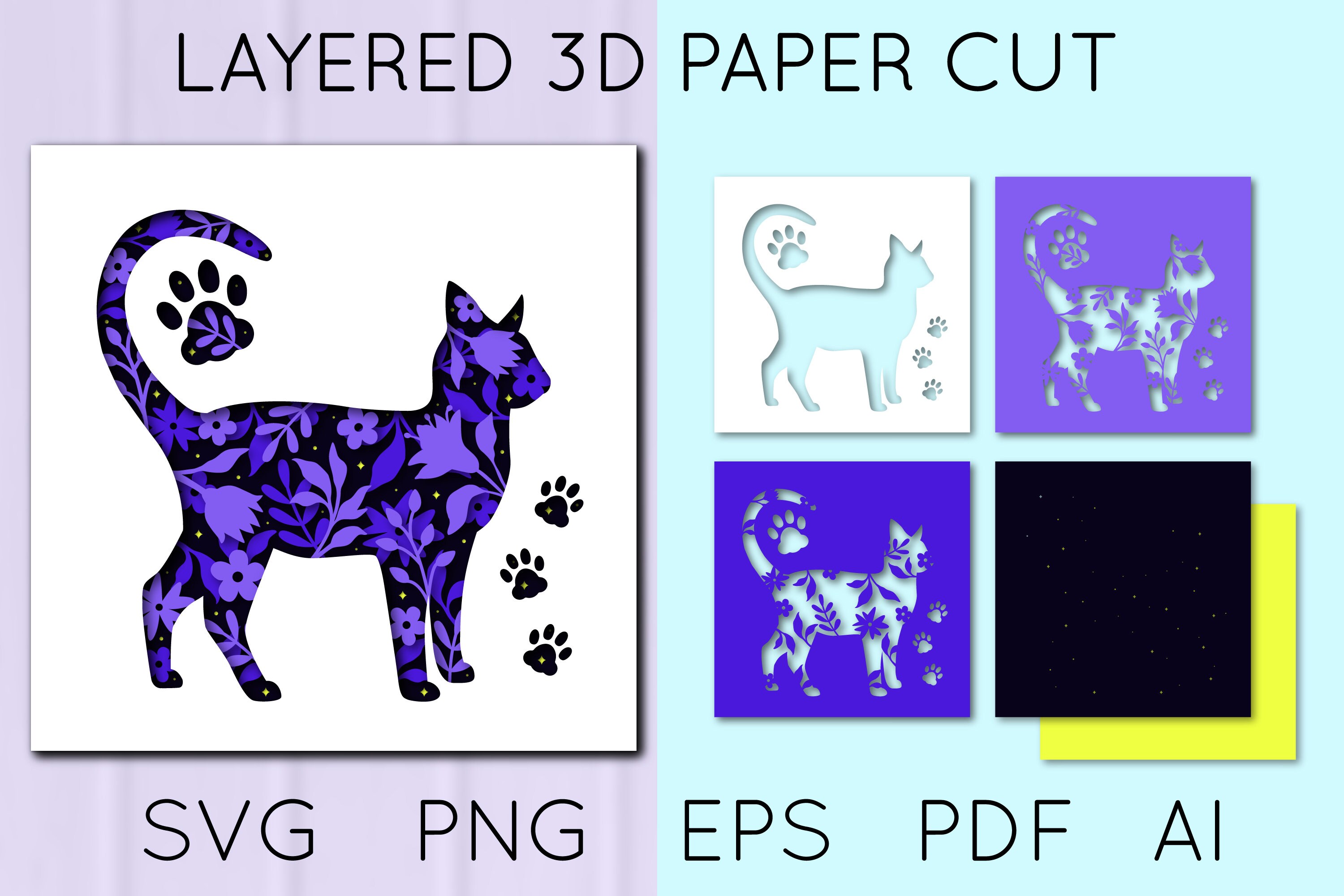 Cat With Flowers 3D Layered Paper Cut, SVG, Cat Shadow Box, 3D Cat Paw ...