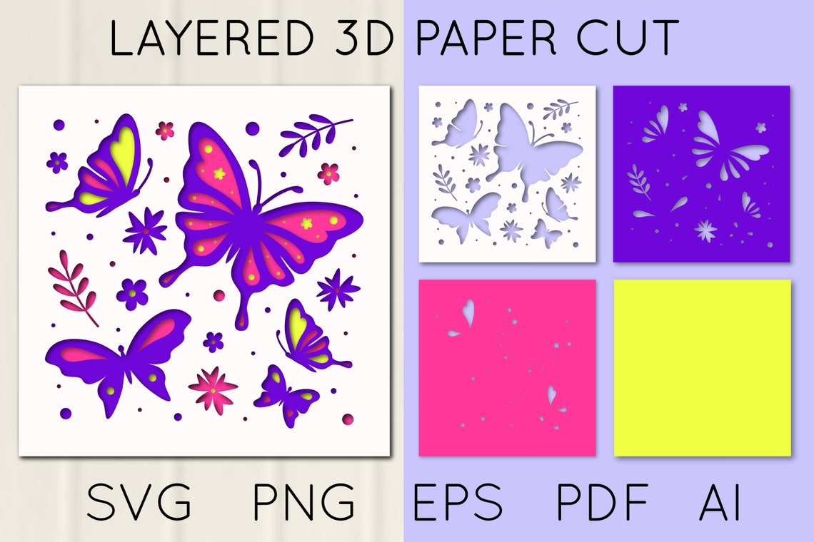 Butterflies and Flowers 3D Layered Paper Cut, Papercutting Digital File ...