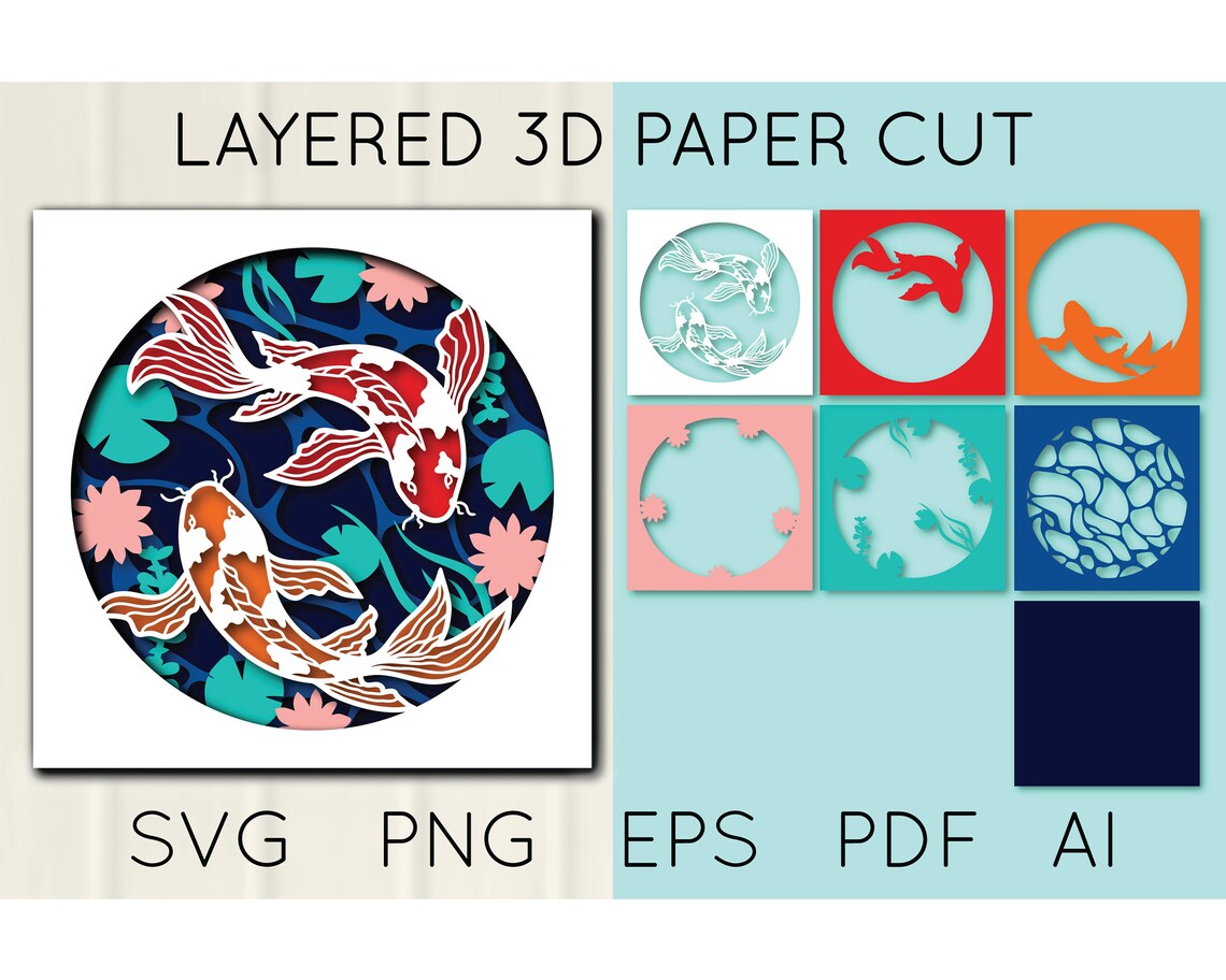 3D Japanese Koi Fish Layered Paper Cut, Koi Fish SVG, Fish Paper Cut ...