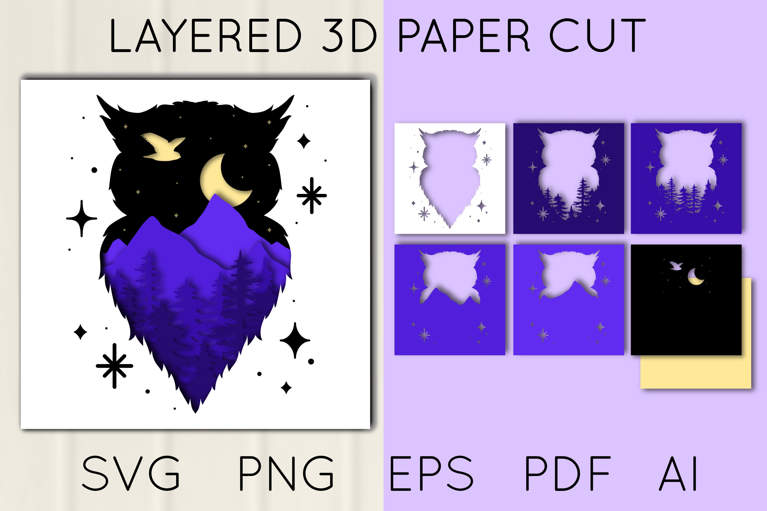 Owl 3D Layered Papercut SVG, Owl Shadow Box, Owl Silhouette SVG, Owl ...