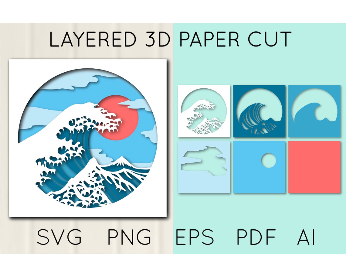 3D Sea Wave Layered Paper Cut, Ocean Wave SVG, Japanese Wave Paper Cut ...