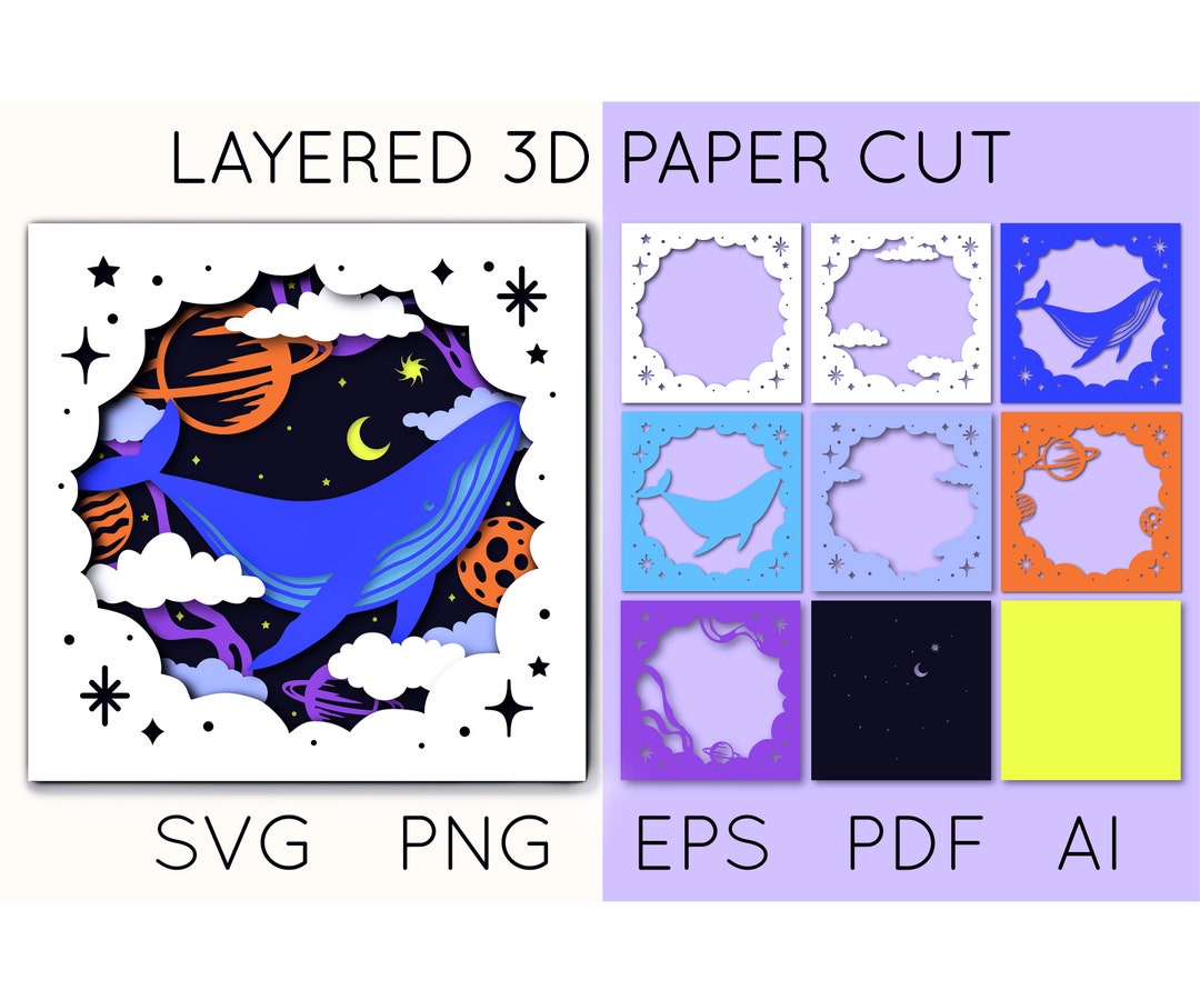 Layered Papercut 3D Whale in Space With Clouds, Moon, Stars and Planets ...
