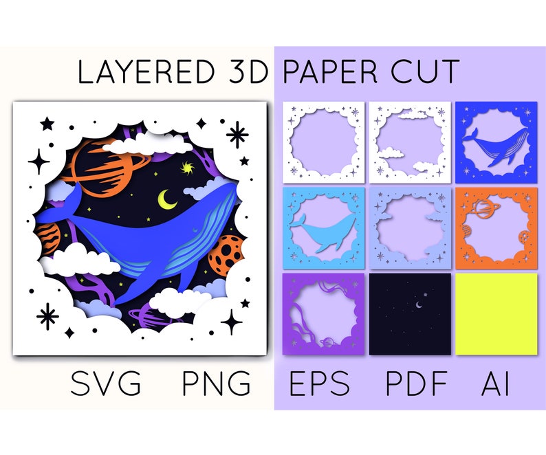 Layered Papercut 3D Whale in Space With Clouds, Moon, Stars and Planets ...