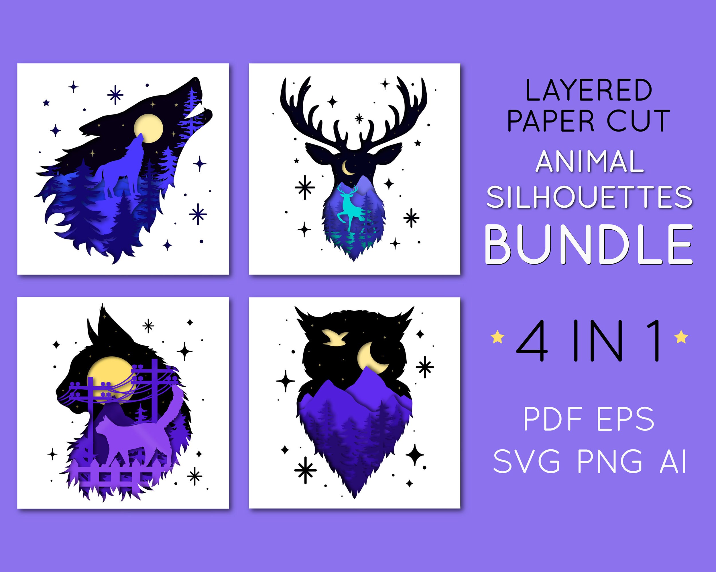Layered Papercut 3D Animal Silhouette Bundle: Cat, Deer, Owl, Wolf ...