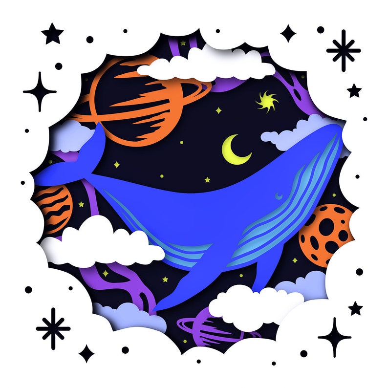 Layered Papercut 3D Whale in Space With Clouds, Moon, Stars and Planets ...