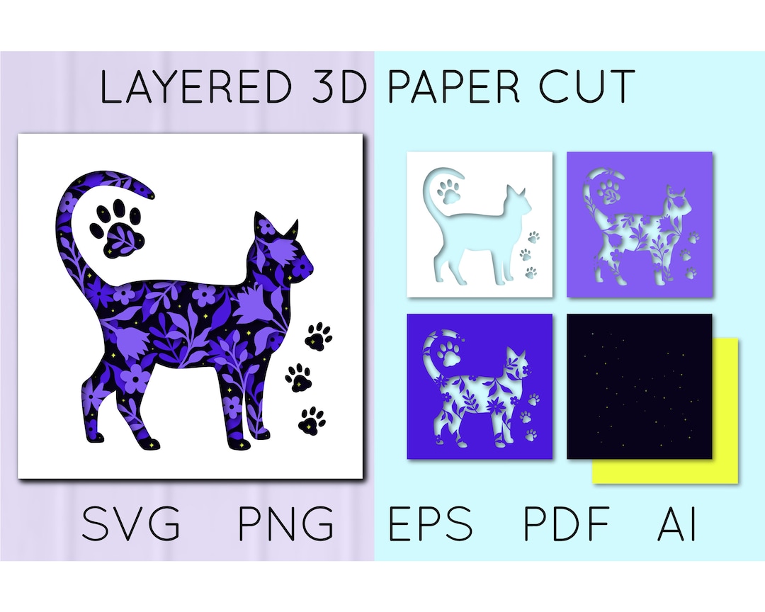 Cat With Flowers 3D Layered Paper Cut, SVG, Cat Shadow Box, 3D Cat Paw ...